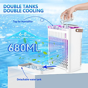 Portable Air Conditioners, Personal Mini Air Cooler Cooling Fan with 5 Wind Speeds, 680ml Evaporative Air Conditioner, 7 LED Light, 2 Cool Mist Air Conditioners Humidifier Fan for Room Bedroom Office