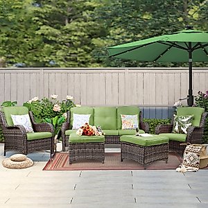 Gardenbee Patio Conversation Set 5-PCS Wicker Outdoor Furniture Conversation Set with 3-Seat Sofa, 2 Armchair, 2 Ottoman Patio Rattan Wicker Sectional Sofa Set with Olefin Cushion, Green