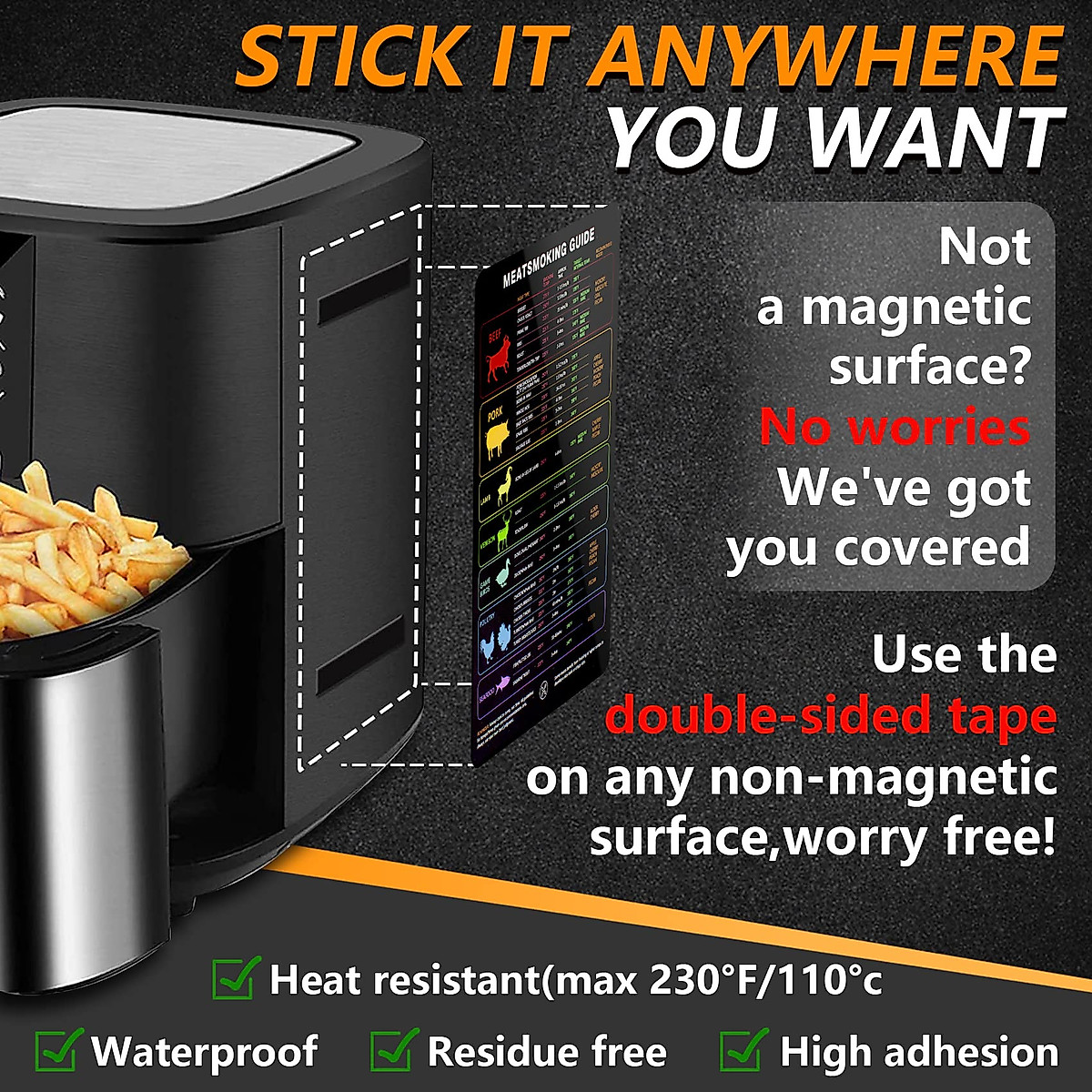 JAQMWV 2 Pack Air Fryer Magnetic Cheat Sheet Set,Air Fryer Accessories Cook Times Sheet for Kitchen,Fryer Sheet Quick Reference Guide,Air Fryer & BBQ Smoker Accessories with Cook Time Recipe Card.