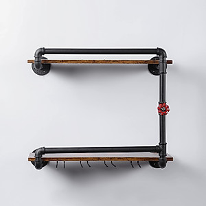 POLUNCA Wine Rack Wall Mounted 2 Tier, Industrial Pipe Decor, Black Wine Shelf Rack with Glass Holder, Perfect for Kitchen, Bar, Restaurant, 23.6x10.6x19.7 inches