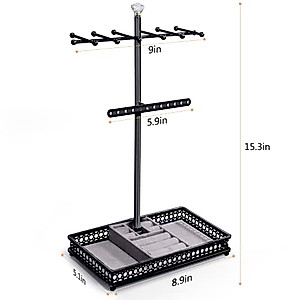 Meangood Jewelry Tree Stand Organizer 3in1 Necklace Organizer Display Bracelet Earrings and Ring Tray Jewelry Holder Hanger Metal（Black）