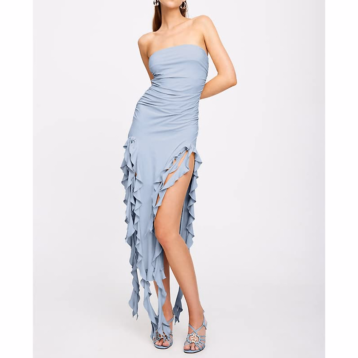 Women Sexy Ruffle Hem Strapless Long Dress Irregular Floral Tassel Split Ruched Bodycon Evening Party Tube Dress(01-Tube Light Blue,M)