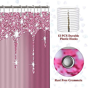 Glitter Diamond Shower Curtain for Bathroom Set Decor with Non-Slip Rugs Bath U-Shaped Mat Toilet Lid Cover Pink Bathroom Curtains Shower Set with 12 Hooks, Glitter Siamond Bathroom Set