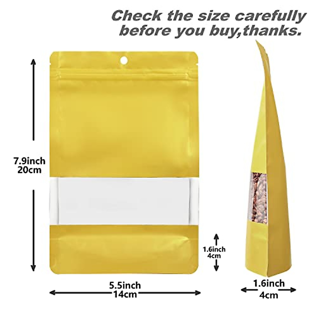 BAAGGNAA 150 Pack Stand up Matte Metallic Ziplock Bags with Clear Front Window Heat-Sealable Resealable Solid Color Pouches for Food Storage Containers Organizer(Gold,5.5 * 7.9 inch,Pack of 150)