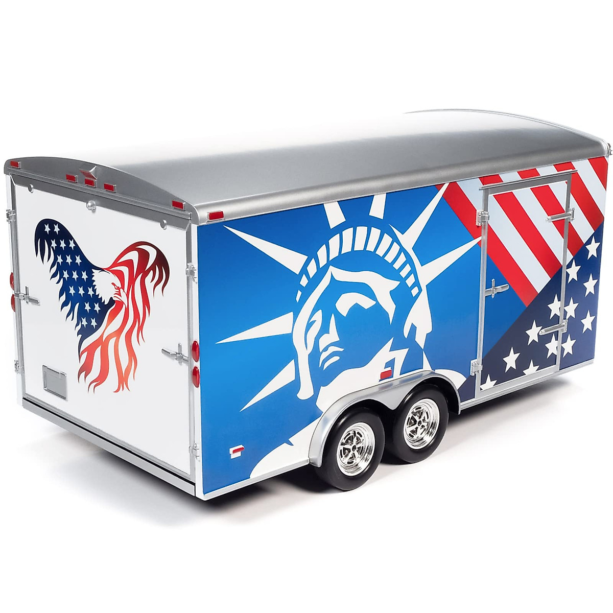 Auto World Diecast Four Wheel Enclosed Car Trailer Patriotic with Graphics for 1/18 Scale Model Cars by Autoworld AMM1284