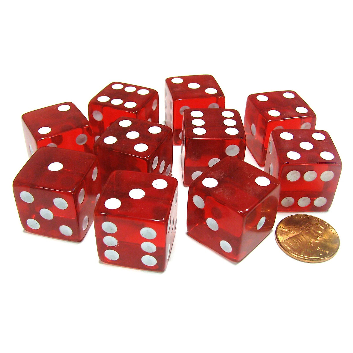 Set of 10 D6 Square Edged 19mm Dice - Transparent Red with White Pips by Koplow Games
