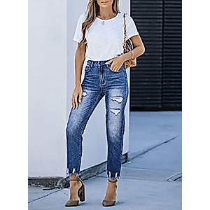 EVALESS Women Destroyed Raw Hem Straight Leg Skinny Jeans Ripped Hole Boyfriend Denim Pants Blue 10