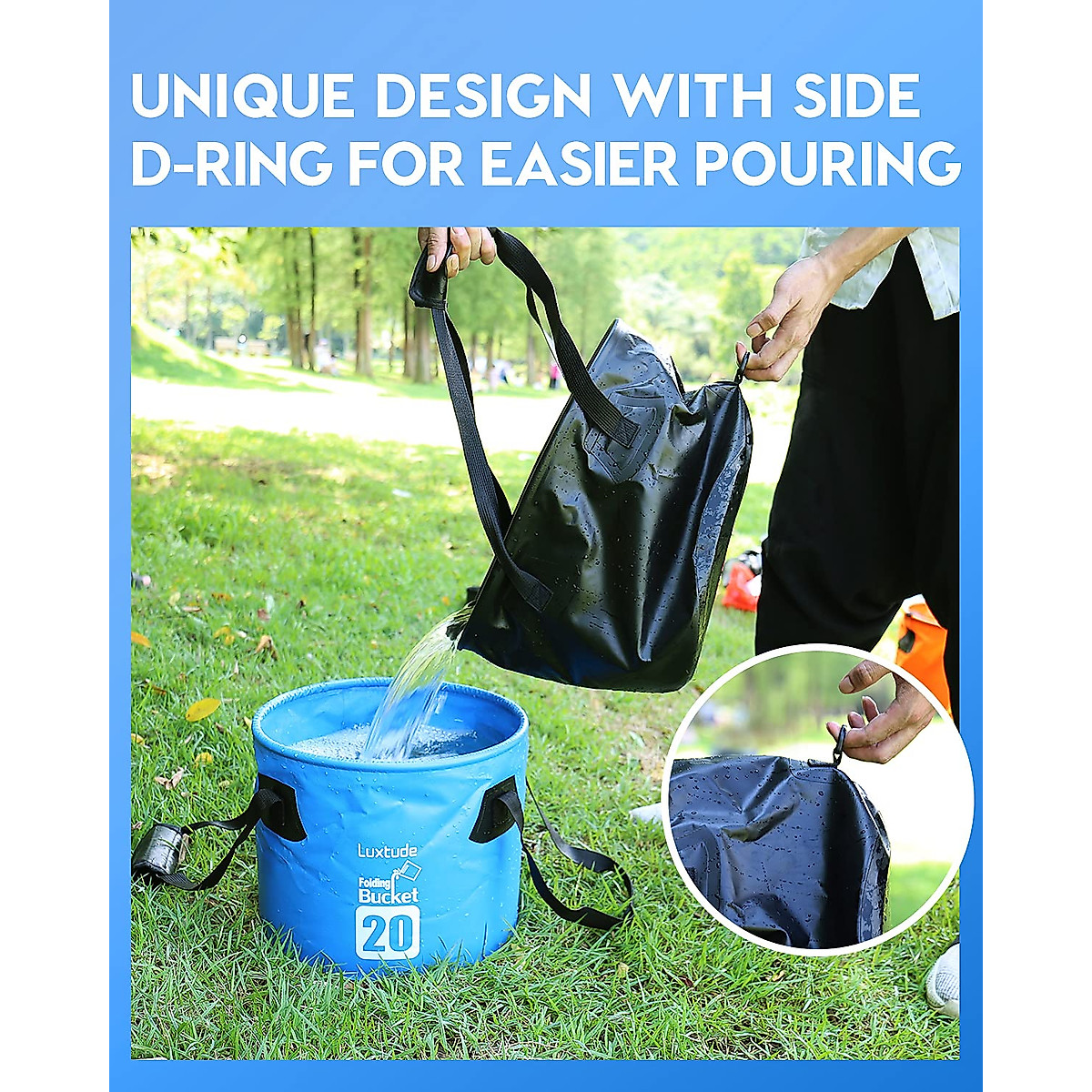 Luxtude Collapsible Bucket with Lid, 5 Gallon Bucket(20L), Camping Bucket, Food Grade Water Bucket, Folding Bucket for Camping, Hiking, Fishing, Car Washing Bucket