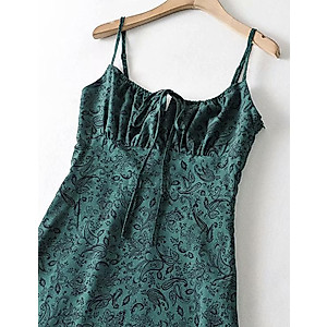 Omoone Womens Floral Dress Low-Cut Square Neck Spaghetti Strap Tie Bodycorn 90s Y2k Sun Dresses (01Green, Medium)