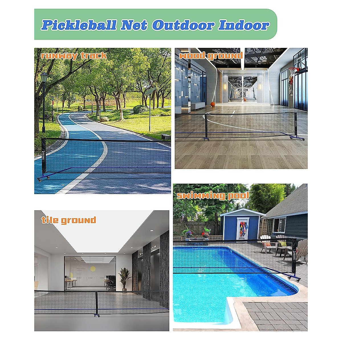 NQV Pickleball Net Set with Wheels,Pickleball Set with Net,22ft Full Court Size Regulation Size Pickleball Net Portable Outdoor Indoor Driveway,4 Wood Paddles,4 Pickleballs,Storage Bag,Chalks