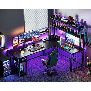 ODK L Shaped Gaming Desk with Hutch, Computer Desk with Storage Shelves, 66" L Shaped Desk for Home Office, Corner Desk with Headphone Hook, Black