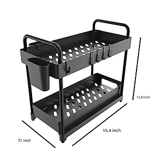 Botion 2 Pack Double-Layer Under Sink Organizer for Efficiently Utilizing Space, High Capacity and Space Saving, 2 Tier Sliding Under Sink Shelf with 4 Hooks and a Cup Slot(Black)
