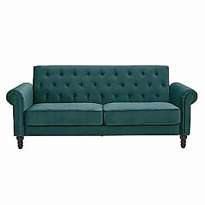 Classic Sofa Couch Mid Century Upholstered Velvet Fabric Tufted Sofa with Scroll Arms for Living Room Bedroom Apartment (Green) (CY001)