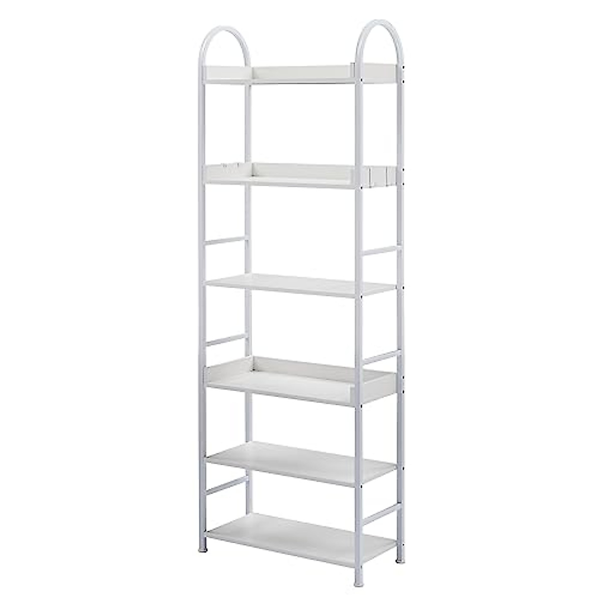 DHAEY 70.8 Inch Tall Bookshelf,6-Tier Bookcase Shelf with Round Top and Hooks,Metal Book Shelf Display Shelf Storage Organizer with MDF Boards & Adjustable Foot Pads for Office Small Space,White
