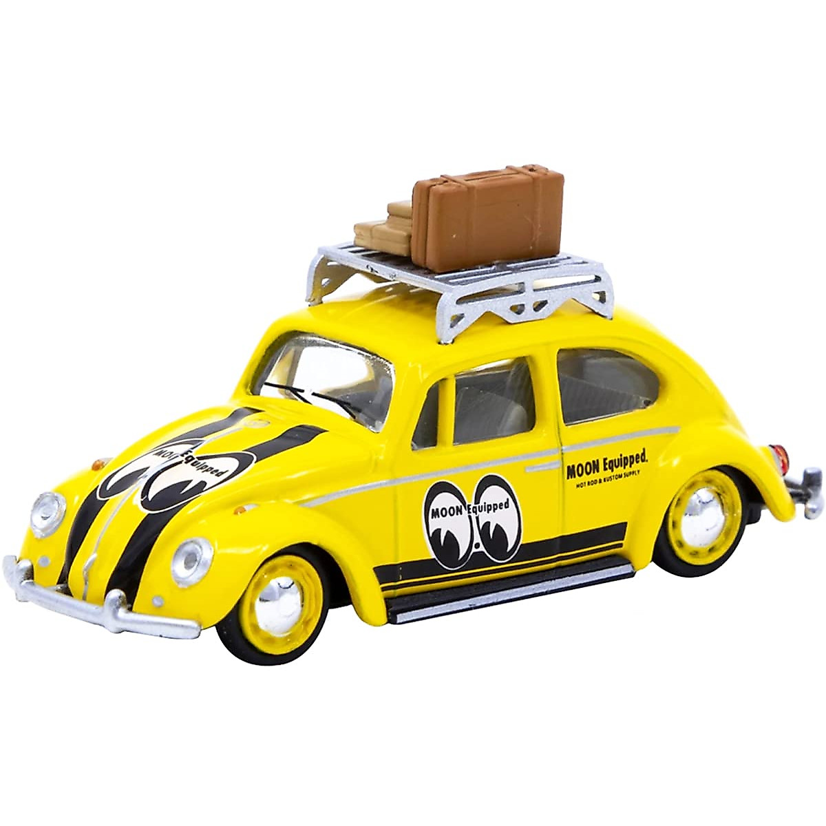 VW Beetle Low Ride Yellow with Roof Rack and Luggage Mooneyes Collaboration Model 1/64 Diecast Model Car by Schuco & Tarmac Works T64S-006-ME1