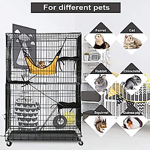 48'' Large Cat Cage with Wheels, Collapsible Large 3-Tier Metal Cat Enclosure Perching Shelves Cat Crate Cat Kennel Ferret Chinchilla Cage with Cat Hammock/3 Cat Bed/3 Ramp Ladder/Cat Litter Pan
