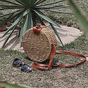Round Straw Handwoven Shoulder Bag Women Cross body Bag for Summer Holiday (Brown)