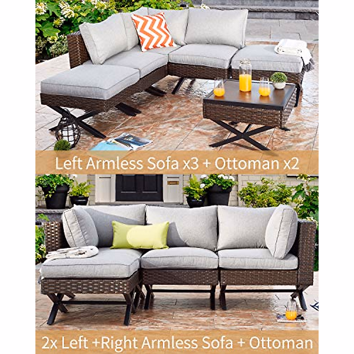 PatioFestival Wicker Patio Ottoman Outdoor Footstools Rattan Furniture X-Leg All Weather Footrest Seat with Cushion(Brown)