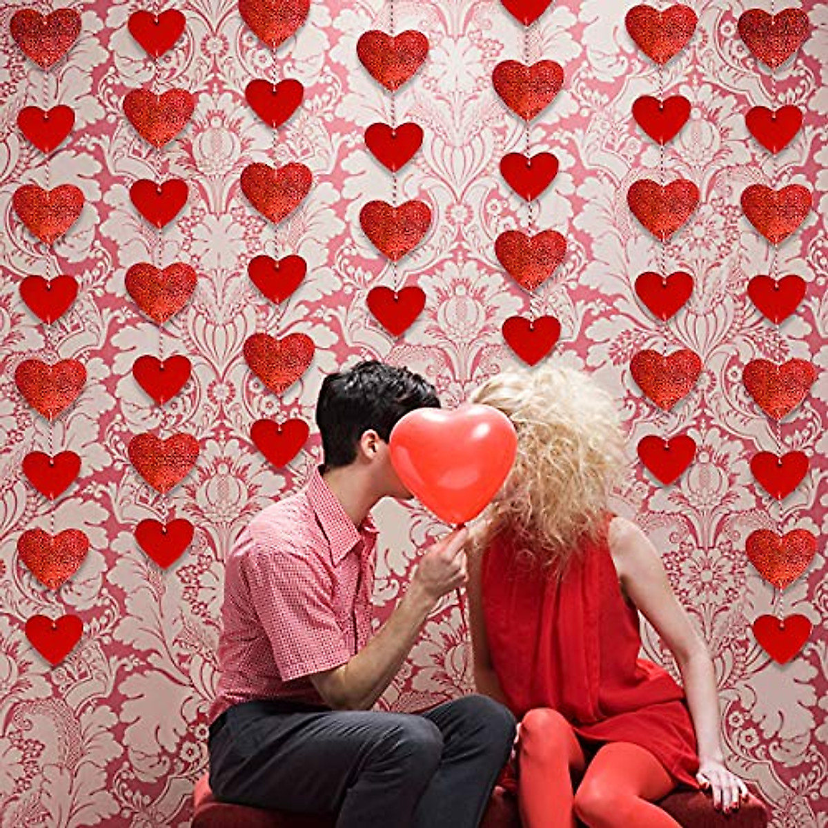 LeeSky 6Pcs Red Valentines Heart Garland Valentines Day Heart Banner Valentines Hanging Hearts Decorations for Happy Valentines Day Decorations