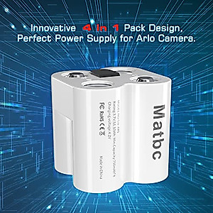 Matbc Rechargeable Batteries for Arlo, Unique 4in1 Design of 123A Camera Batteries, Replacemen with arlo Security Camera System VMK 3200/VMC3030/VMS3330/3430/3530 Battery, 4Pack 3000mAh Upgraded