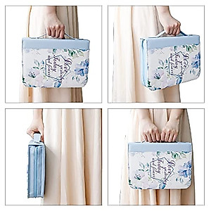 IvyRobes Zipper Bible Cover for Women Girls PU Leather, Blue Floral Pattern with Handle, Bible Bag Carrying Case Large Size