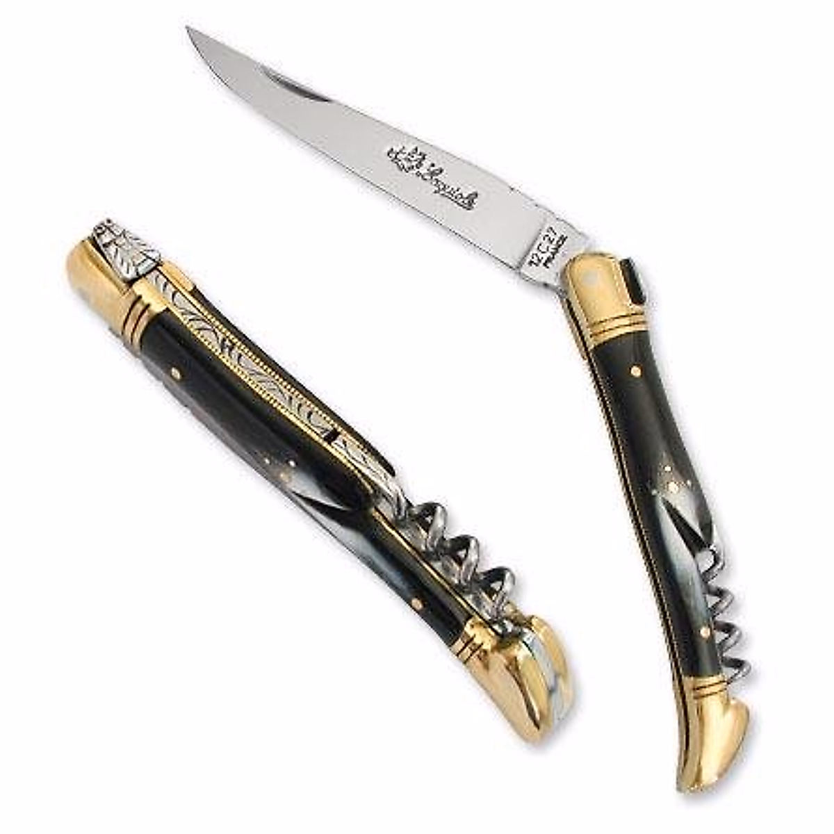 Laguiole pocket knife with Black Horn handle and brass bolsters, corkscrew - Direct from France