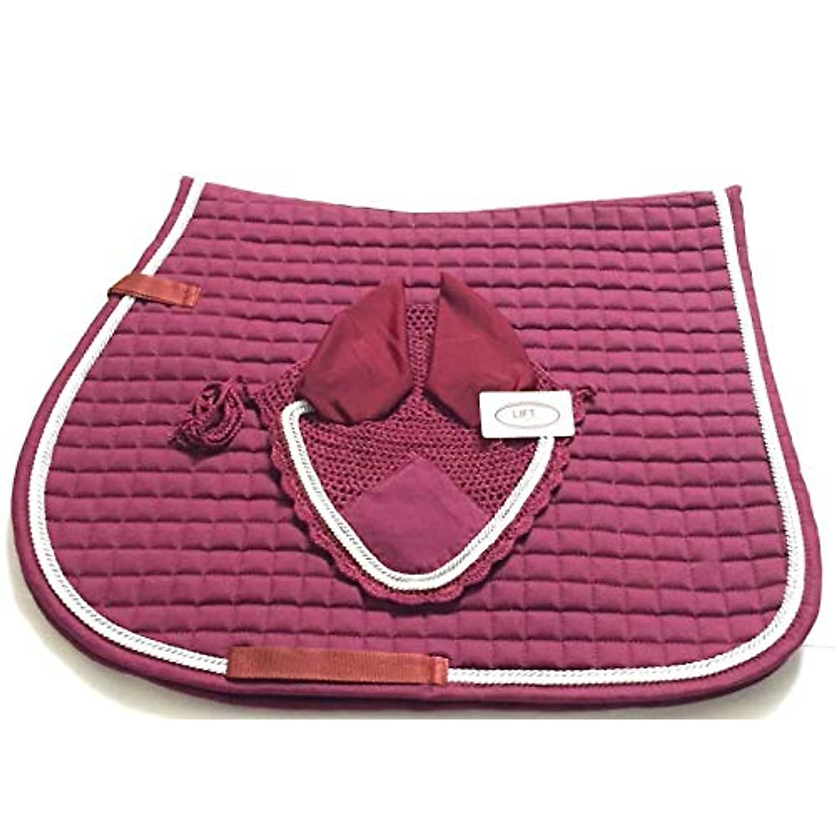Horse English Saddle PAD with Matching Fly Bonnet with Ear NETS Breathable Cotton Handmade Full Size Stretchable Ears (Purple, Full)