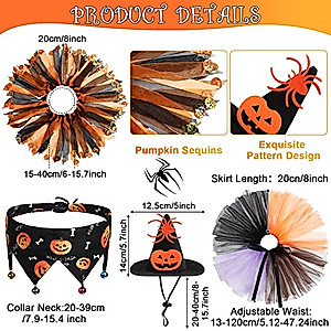 6 Pcs Dog Costumes Cat Witch Costume Suit Include Pet Pumpkin Witch Hat Halloween Cat Collar with Bells Dogs Cats Tutu Skirt for Pets Kitten Puppy Birthday Holiday Outfit