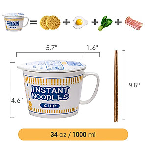 Ramen Noodle Bowl with Lid Creative Instant Noodle Cooker Bowl Large Japanese Ceramic Soup Bowl with Handle (F)