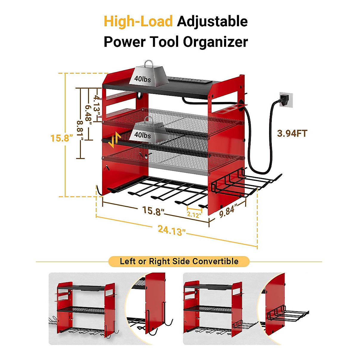 Dunatou Adjustable Power Tool Organizer Wall Mount with Charging Station, 6 Drill Holder & 4 Outlet, Wood Garage Tool Organizer Wall Mount Power Tool Rack with Hooks, Gift for Men