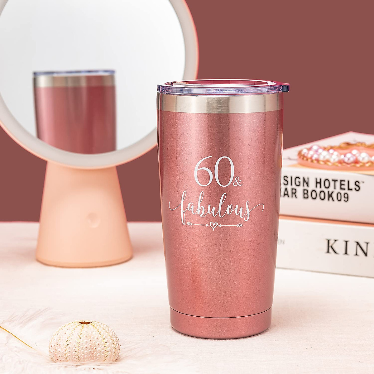 Crisky 60 & Fabulous Vacuum Insulated Tumbler for Women 60th Birthday Gifts for Wife, Mom, Sister, Aunt, Friends, Coworker Her, 20oz Rose Gold Tumbler with Box, Lid