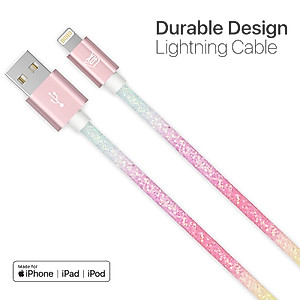 LAX Glitter Nylon Braided [Apple MFi Certified] Fast Charger iPhone Lightning Cable, iPhone Cord Compatible with iPhone 14/13 /12/11 Pro Max/XS MAX/XR/XS/X/8/7/SE/6S/ iPad & More (10FT-Pastel RBOW)