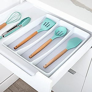 Smart Design 3-Compartment Plastic Drawer Organizer - Non-Slip Lining and Feet - BPA Free - Utensils, Flatware, Office, Personal Care, or Makeup Storage - Kitchen - White with Gray