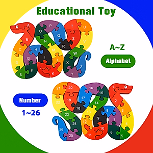 LOVESTOWN Alphabet Jigsaw Puzzle, Building Blocks Animal Wooden Puzzle, Wooden Snake Letters Numbers Block Toys for Kids Birthday Gifts