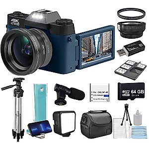 eDealz 4K 48MP Digital Camera Kit for Photography, Vlogging Camera YouTube with Flip Screen, WiFi, Wide Angle & Macro Lens, 64GB Micro SD Card, 50" Tripod, Case, Card Reader, Microphone, LED (Navy)