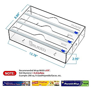 RUIDEO 3-in-1 Acrylic Plastic Wrap Dispenser with Cutter, Aluminum Foil and Plastic Wrap Organizer, Wax Paper and Saran Wrap Dispenser for Kitchen Drawer, Fits 13" Roll, Clear Magnetic Lid with"PULL"