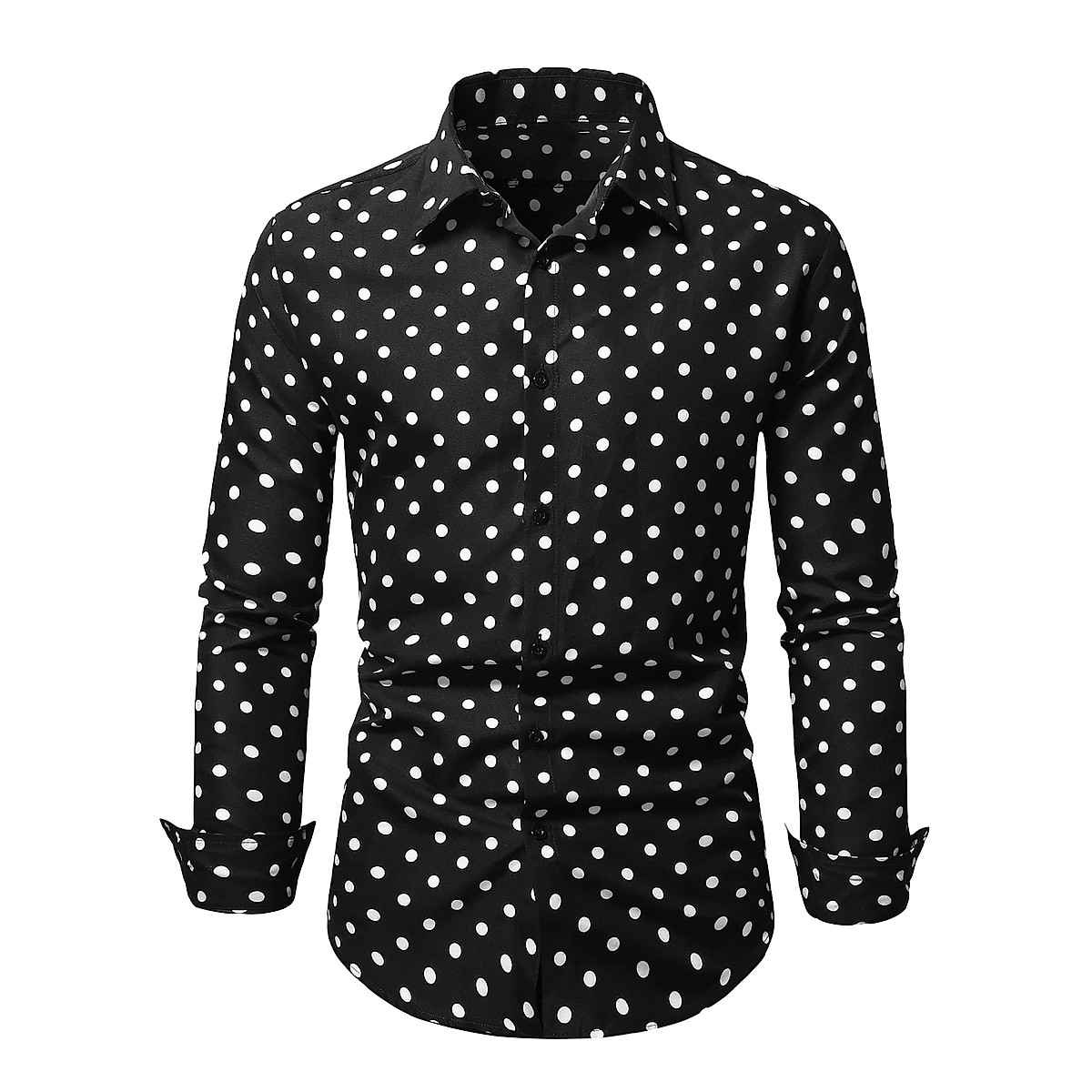 WDIRARA Men's Polka Dots Button Front Long Sleeve Collar Shirt Casual Tops Black L