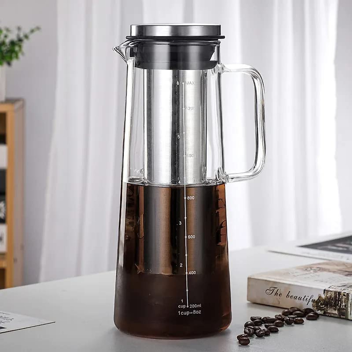 Cold Brew Coffee Maker with Lid and Handle 47oz / 1.4 Liter, Durable Glass Pitcher Carafe, Stainless Steel Mesh Filter Infuser, Dishwasher Safe, for Iced Coffee, Cold Brew, Juice, Tea & More