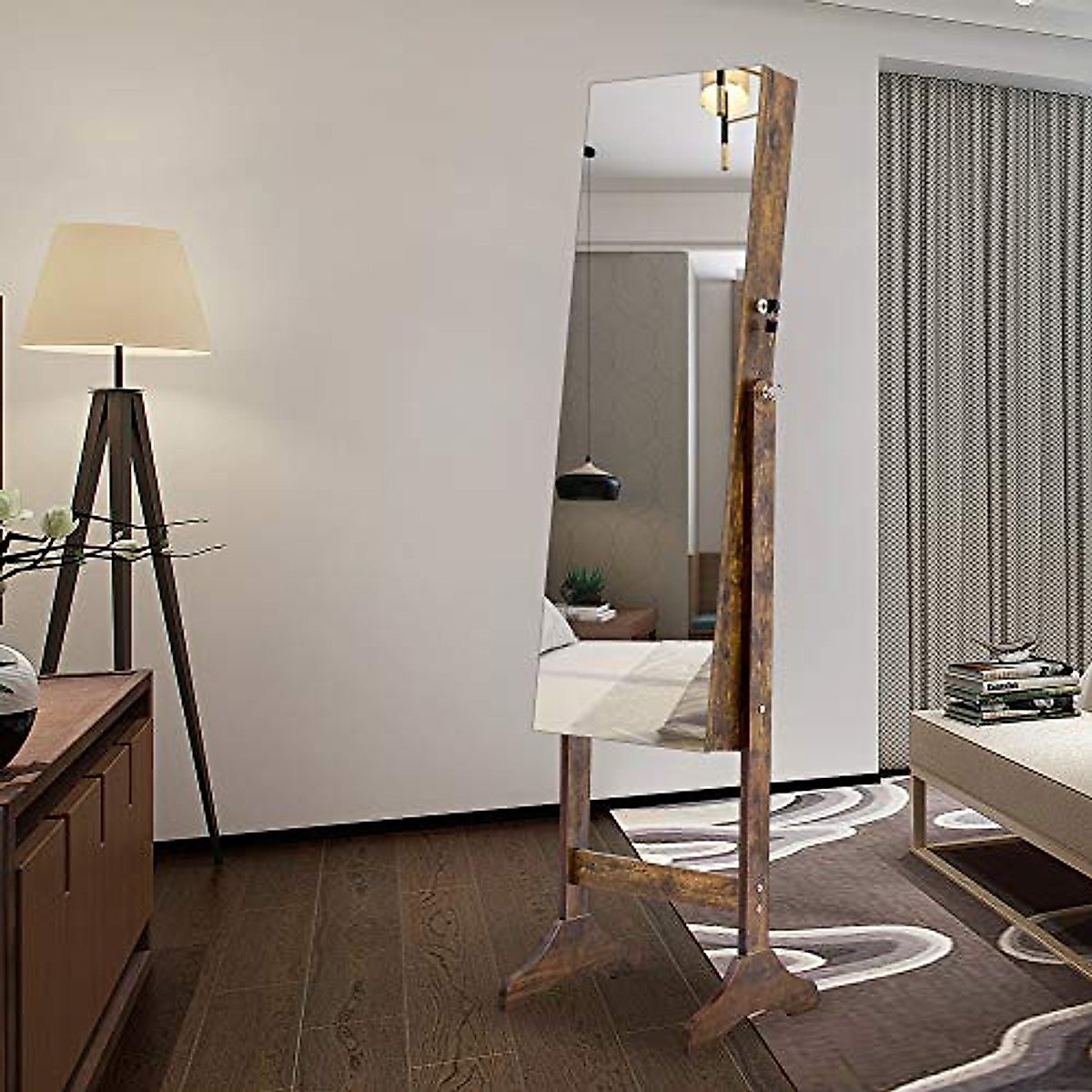 Knocbel 6 LED Jewelry Cabinet Full Body Mirror Lockable Jewelry Armoire Standing Angel Adjustable Storage Organizer Box with Inner Mirror & 2 Drawers, 15.75" L x 15" W x 61.42" H (Antique)