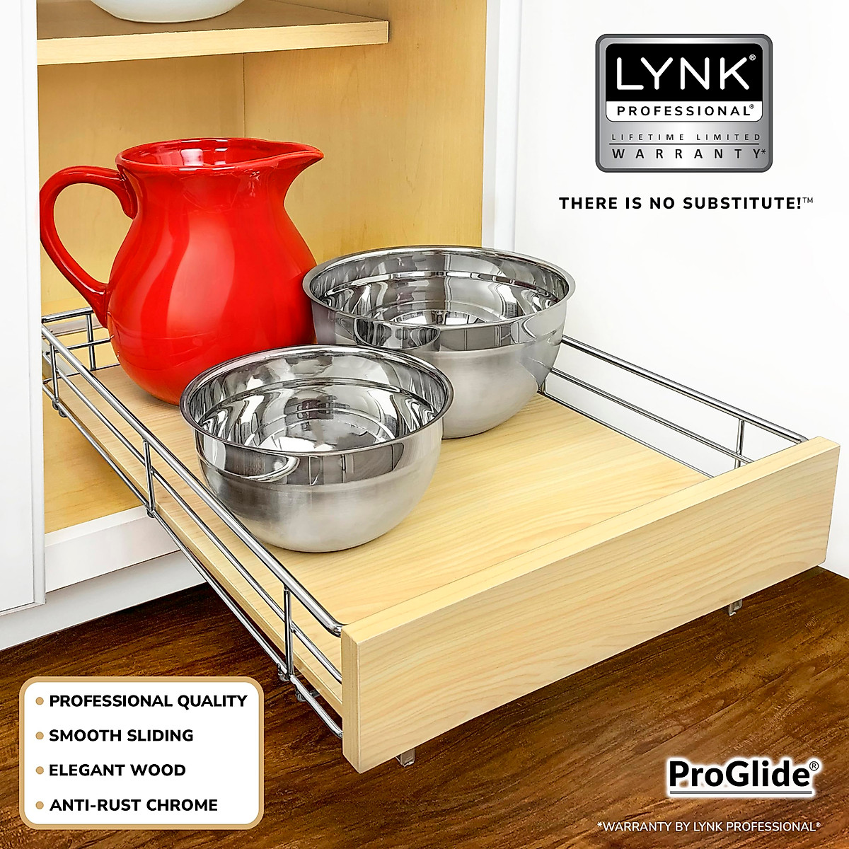 LYNK PROFESSIONAL® SELECT™ Pull Out Cabinet Organizer, 14" x 21" Slide Out Drawers for Kitchen Cabinets - Sliding Pull-Out Pantry Shelves – Home Shelf Organizers - Lifetime Ltd. Warranty, Wood Chrome