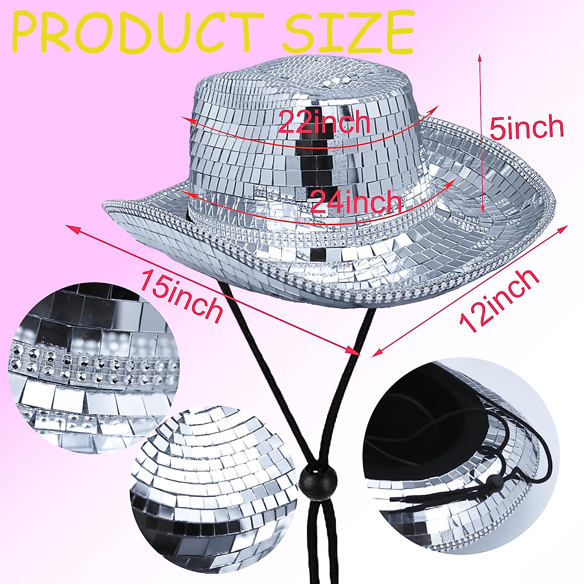 Tongnian Disco Ball Cowboy Hat, 1970s Disco Accessories Set Silver Cowgirl Hat with Disco Ball Necklace, Earrings, Ring and Sunglasses for Women Party