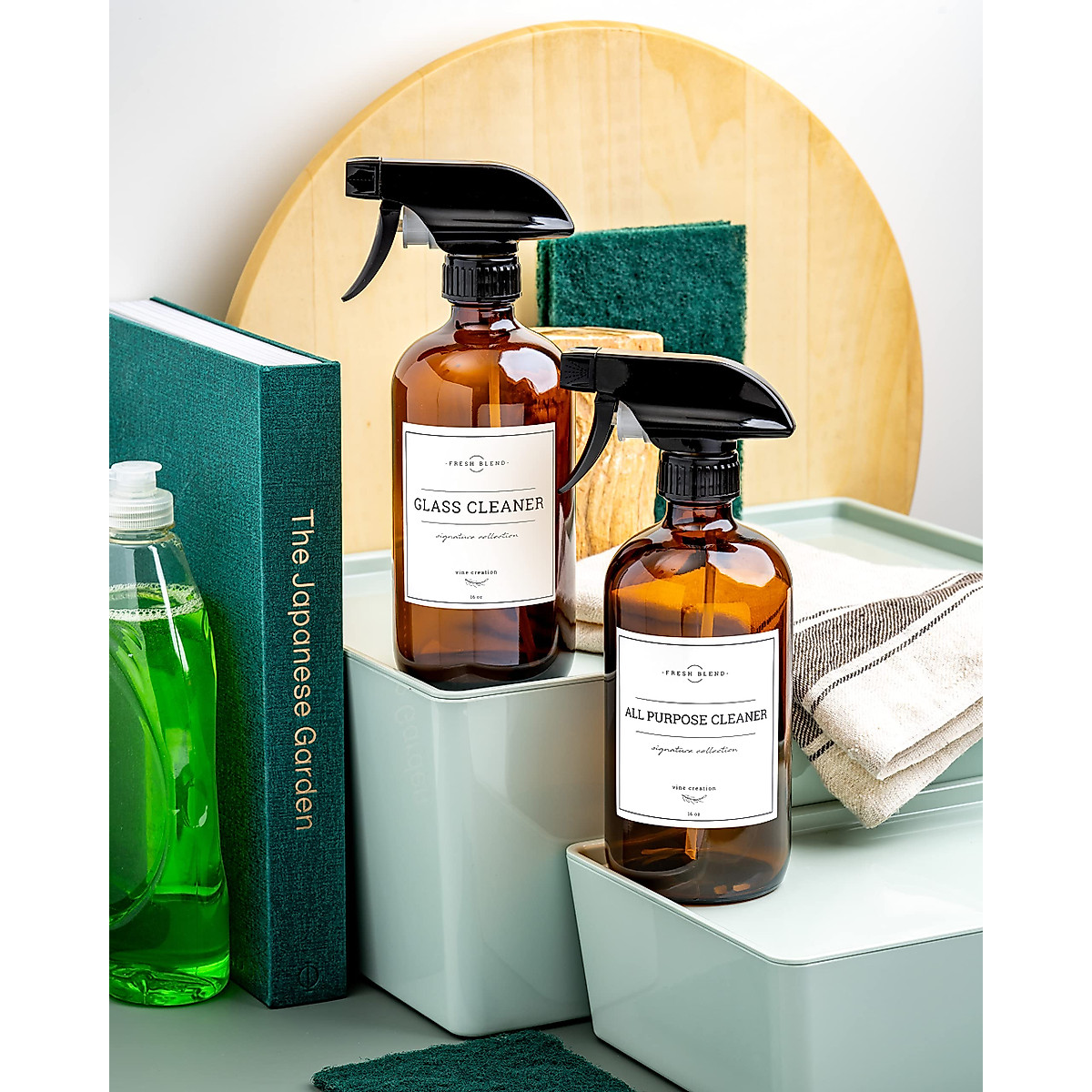 Vine Creations Amber Glass Spray Bottles, 2 Pack Glass Spray Bottles for Cleaning solutions, 16 oz Spray Bottle for Cleaning, Mister Spray Bottle for Plants, Amber Spray Bottles with Waterproof Labels