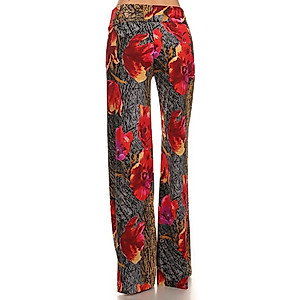 YELETE Women's High Waist Full Length Wide Leg Palazzo Pants with Fold Over Waist Band(Wild Flower-Large)