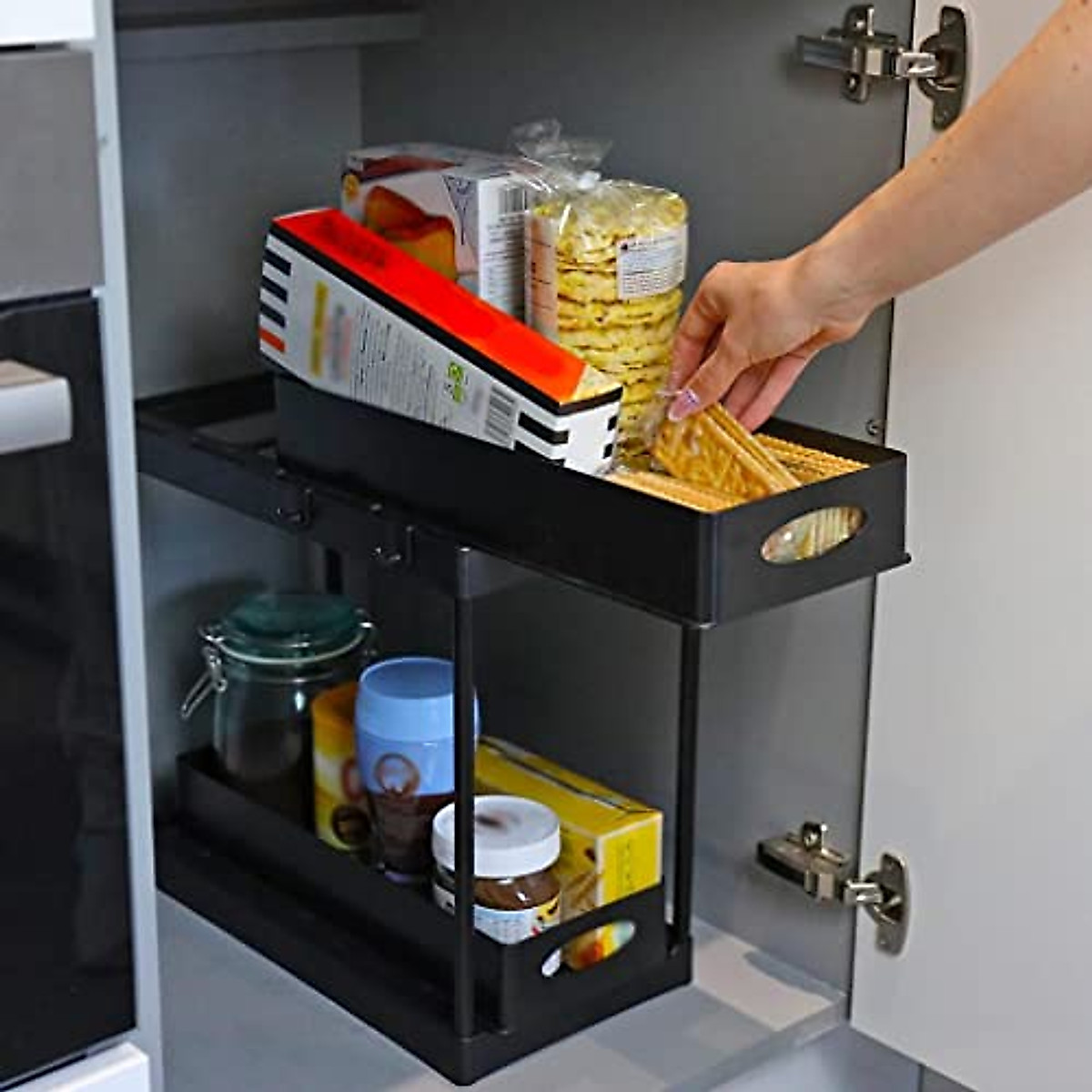 Under Sink Organizers and Storage Sliding - Multipurpose Double Sliding Cabinet Organizer for Bathroom or Kitchen Sink Organizer with 4 Hooks (Black)