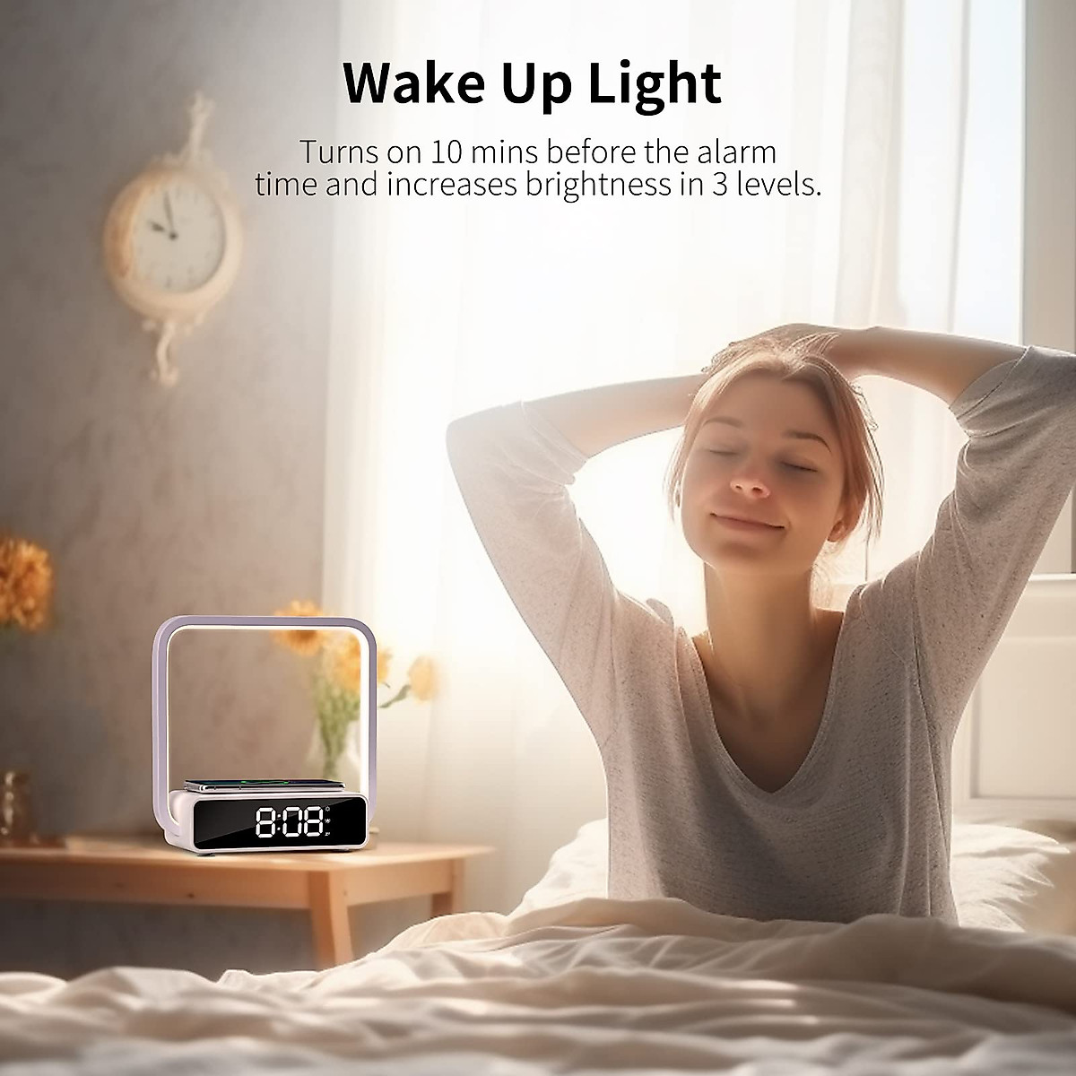 Guidea Alarm Clock Lamp, Wake-Up Light with Sunrise Simulation, Bedside Lamp with Clock, Table Lamp with Wireless Charger, Touch LED Night Light