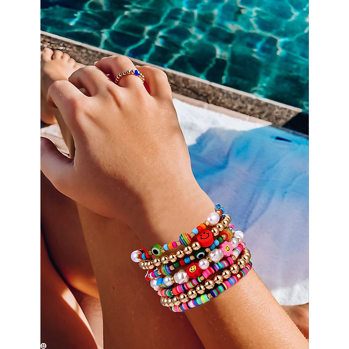 Beaded Stretch Bracelets for Women Rainbow Heishi Bracelet Set Colorful Clay Flower Evil Eye Gold-tone Beads Bracelet Summer Beach Bracelet Jewelry