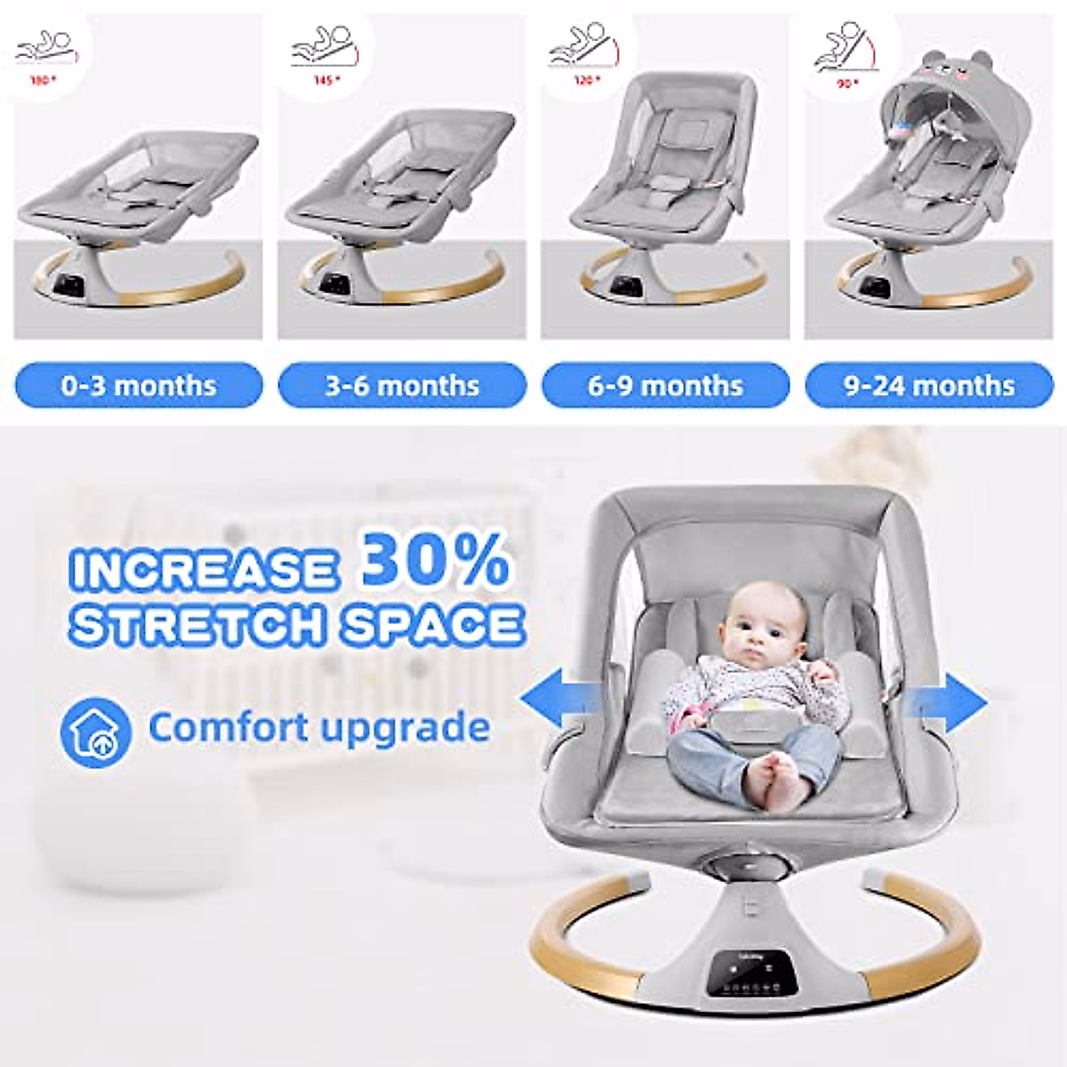 Baby Swings for Infants to Toddler,3 in 1 Electric Remote Control Baby Bouncers for Infants with Detachable Dinner Plate,4 Sway Ranges,Bluetooth Support Heavy Duty Base Baby Rocker for 0-24 Month
