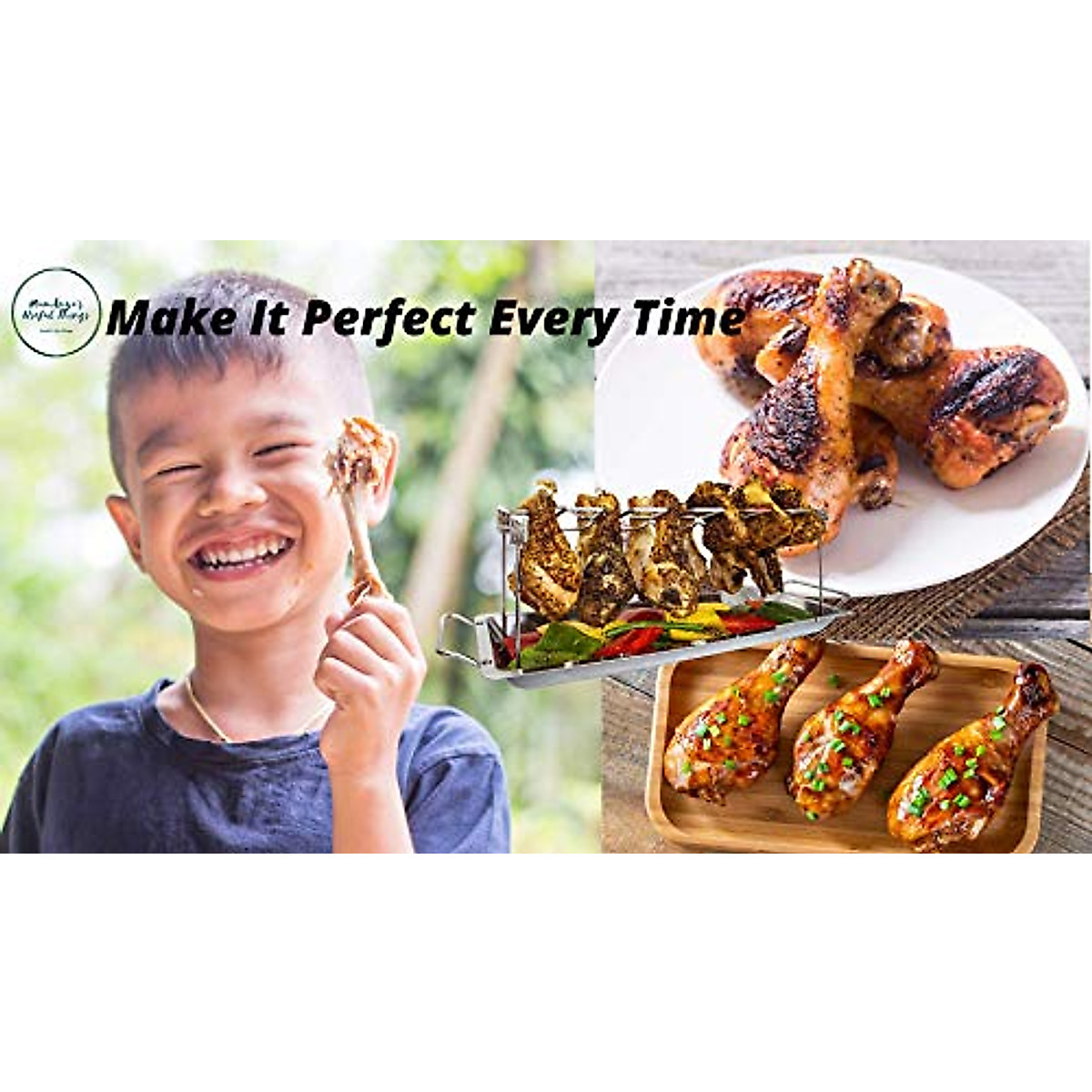 Chicken Leg Rack for Grill, Smoker or Oven; Great for Chicken Legs, Wings, or Drumsticks; Stainless Steel; Non-Toxic Drumstick Holder; Comes in a Box with Grill Drip Pan for Vegetables and Grill Tongs