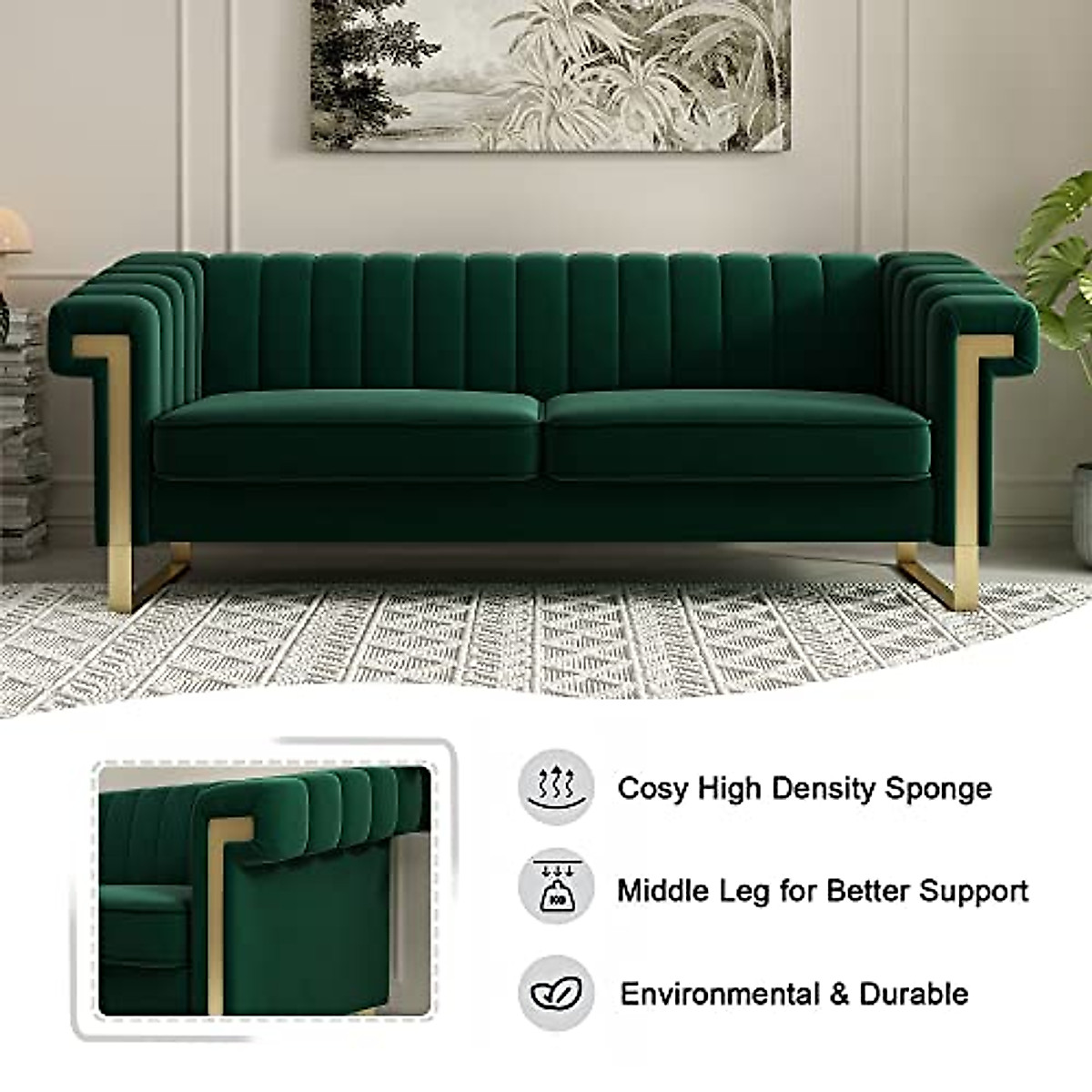 Kadway Green Velvet Loveseat Sofa Couch, 84" Luxury Large Sectional Sofa Couch with Gold Metal Legs for 3-4 Persons, Mid-Century Modern Sofa, Chesterfield Sofa Couch for Living Room Bedroom