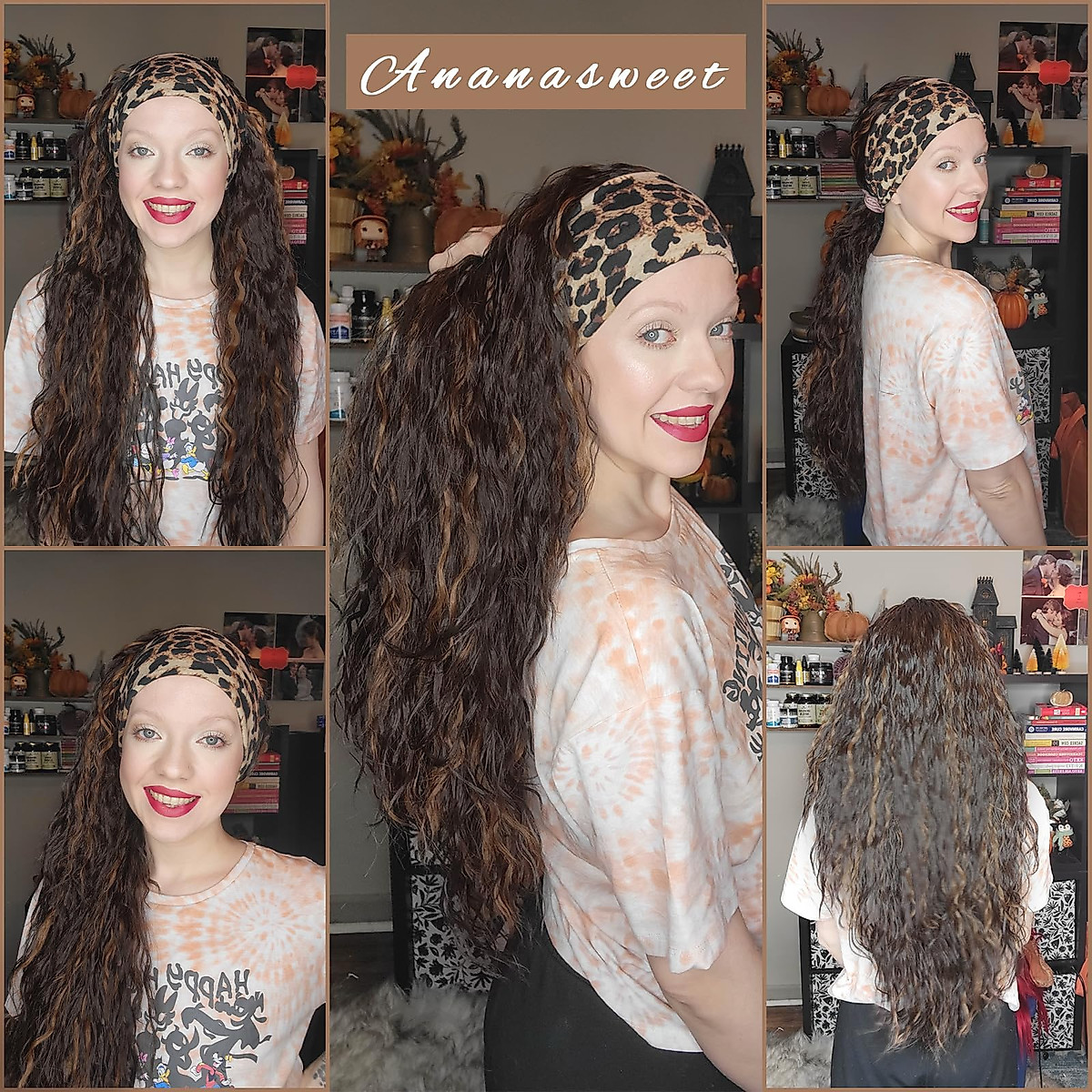 SOMIARIK Headband Wigs for Black Women Natural Hairline Synthetic Brown Loose Curly None Lace Front Wigs for Black Women Glueless Machine Made Wig Wavy pre plucked Headband Wigs 26 Inch